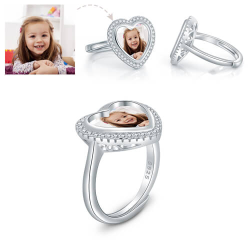 Anillo con foto de plata con corazón adorable personalizado ...