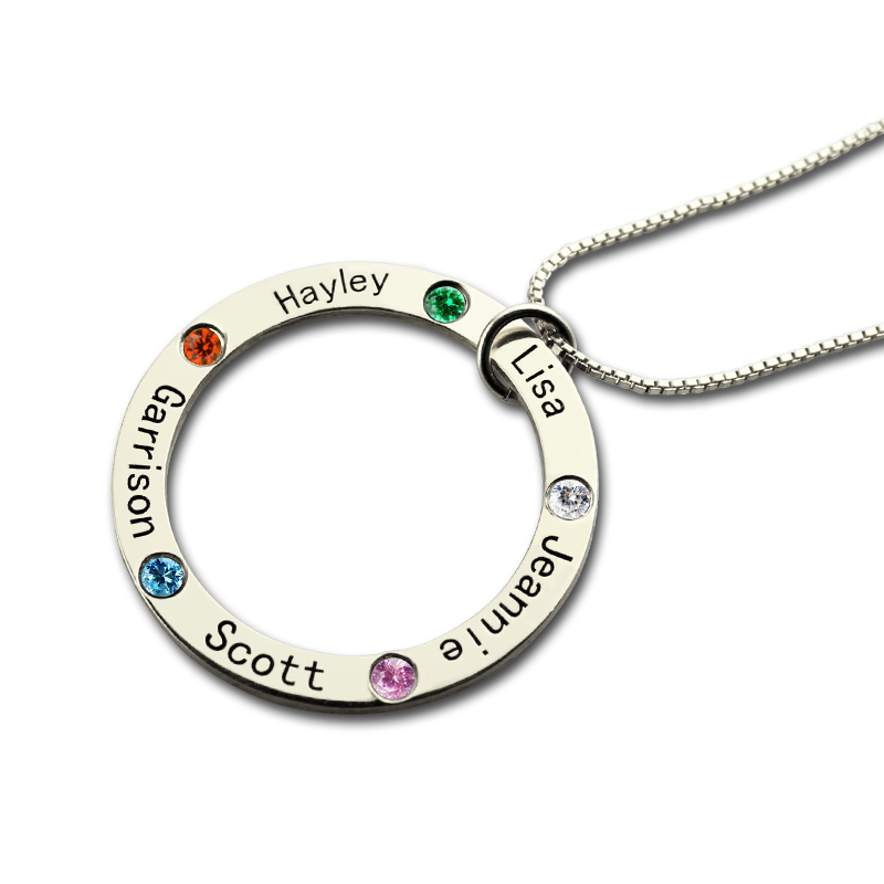 Silver Circle Family Necklace with 5 Names & Birthstones - GetNameNecklace
