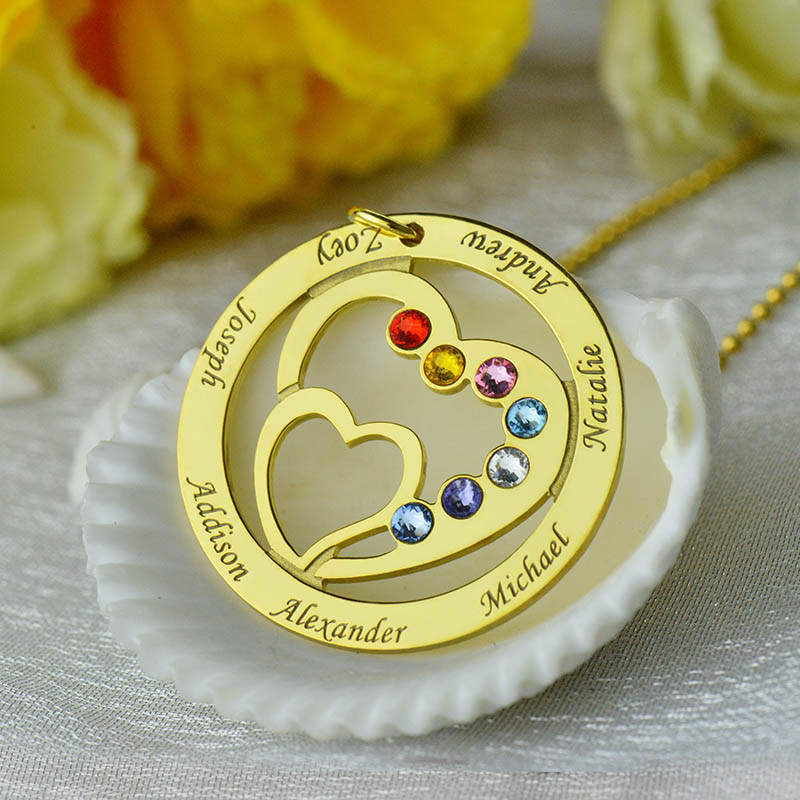 Circle Family Heart in Heart Birthstone Name Necklace Gold Plated ...