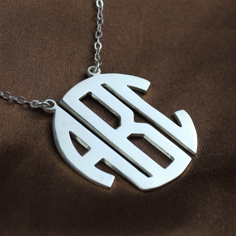 Solid White Gold Initial Block Monogram Pendant Necklace