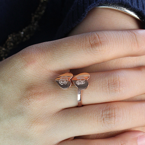 Monogram Ring Engraved Initials On Two Heart Rose Gold Silver ...