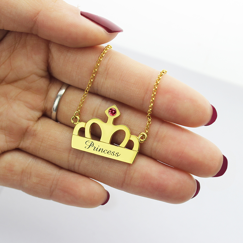 Princess Crown Charm Necklace with Birthstone & Name 18k Gold ...
