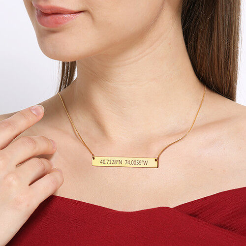 Engraved Coordinates Bar Necklace Gold Plated Silver - GetNameNecklace