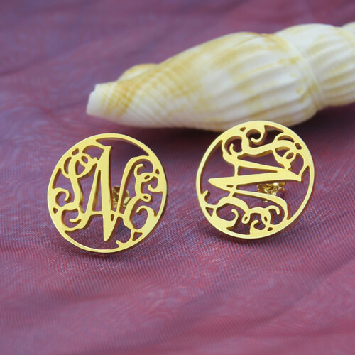 Best Gift for Her: 18K Gold Circle Monogram Stud Earring
