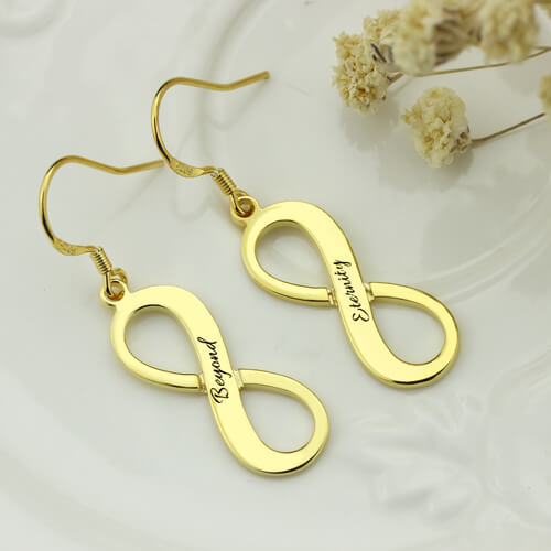 Engraved Infinity Symbol Name Earrings Gold Plated Silver - GetNameNecklace