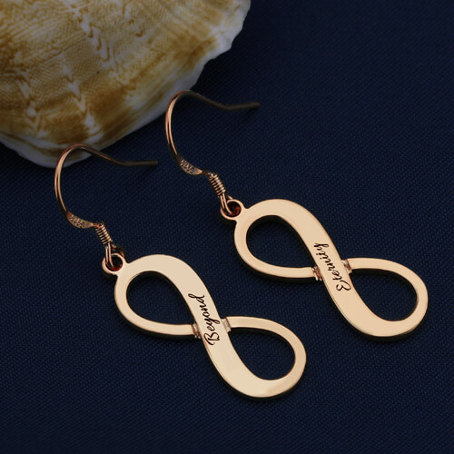 Engraved Infinity Symbol Name Earrings In Rose Gold