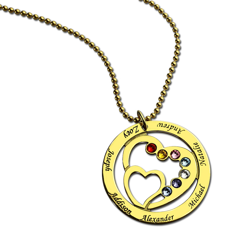Circle Family Heart in Heart Birthstone Name Necklace Gold Plated ...