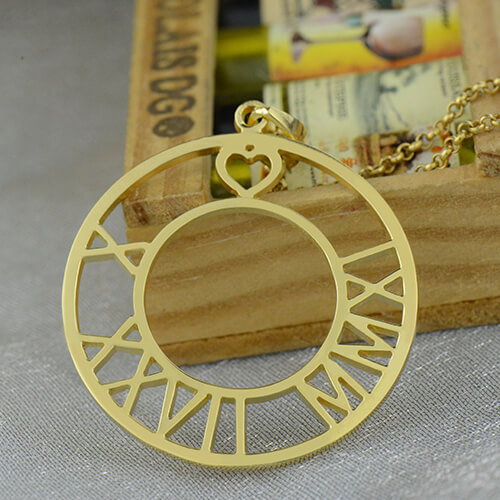 18K Gold Plated Roman Numeral Disc Heart Necklace