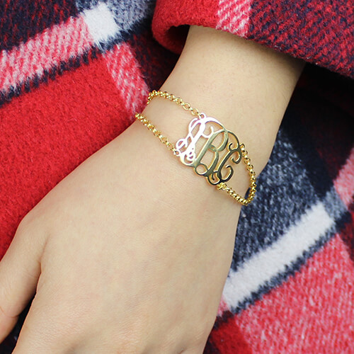 Personalized Double Chain Monogram Bracelet 18K Gold Plated ...