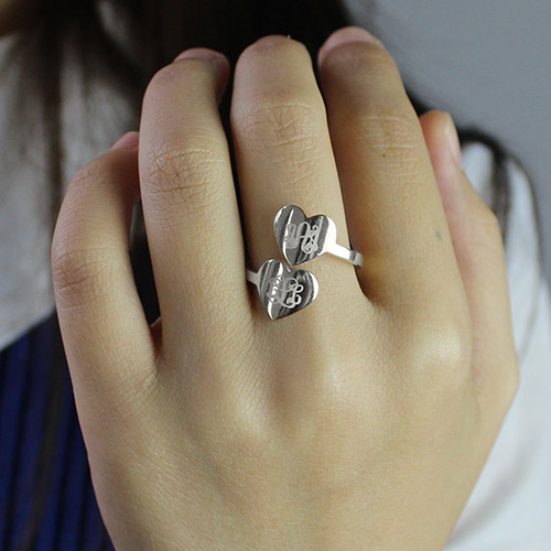 Custom Made Two Hearts Monogram Initial Ring Silver - GetNameNecklace